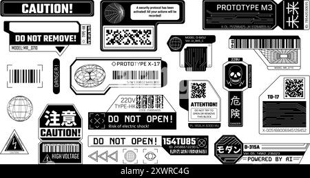 Cyberpunk black stickers. Danger warning label with AI control, extreme ...