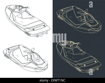 Stylized vector illustrations of isometric technical drawings of a ...