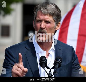 Ohio Senate candidate JD Vance speaks with supporters outside of a ...