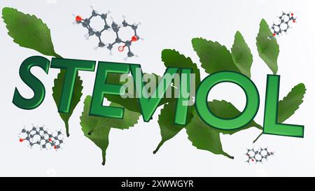 A 3d rendering of letter "STEVIOL" with structure of steviol molecules ...
