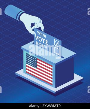 Hand puts vote bulletin into vote box. Election concept. Flat design ...