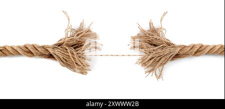One string connecting almost torn rope isolated on white Stock Photo ...