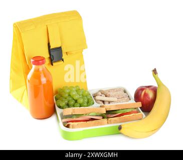 Yellow bag, lunch box with snacks and bottle of juice isolated on white ...
