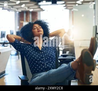 Business woman, relax and break with completion for done, finished or ...