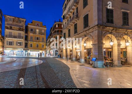 Street view at dusk in Corfu Town, Corfu or Kerkyra, Greece Stock Photo ...