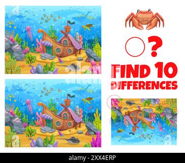 Find ten differences on underwater landscape with coral house. Kids ...