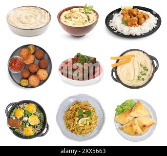 Hummus and other dishes of different national traditional cuisines on ...