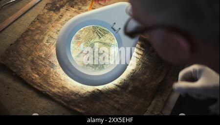 Senior archaeologist looks through magnifying lamp, studies ancient ...