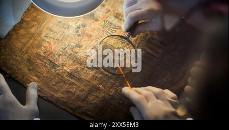 Two scientists examine ancient Egyptian papyrus together in ...