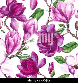 Watercolor seamless pattern with pink magnolia flowers, buds and green ...