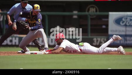 St. Louis Cardinals' Victor Scott II follows through on an two-run ...