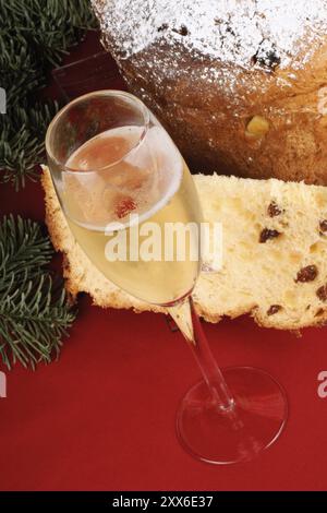 Cut Panettone on red background, top view Stock Photo - Alamy