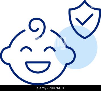 Happy baby girl, security shield and checkmark. Children safety and ...