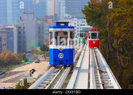 Colorful capsule train in Busan. Tourist attraction in South Korea ...