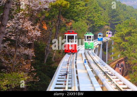 Colorful capsule train in Busan. Tourist attraction in South Korea ...