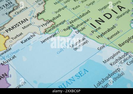 Macro photo of India political map with country frontiers and most ...