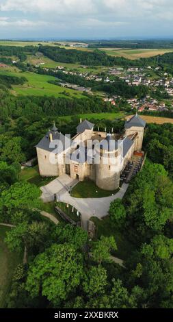 Aerial view of Château de Malbrouck nestled in a colorful autumn forest ...