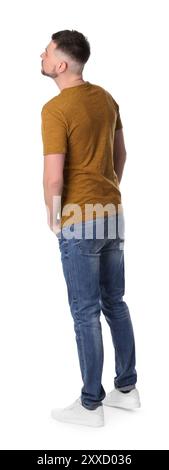 Man standing in queue on white background Stock Photo - Alamy