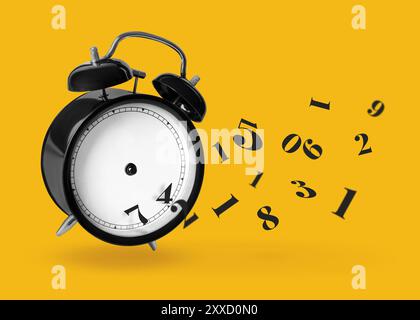 Numbers flying away from alarm clock on light blue background, banner ...