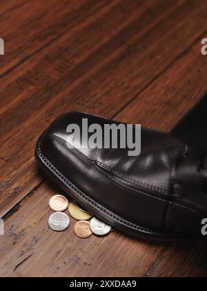 Finding money concept of a man shoe stepping on change coins on the ...
