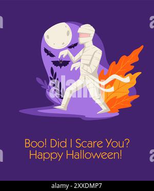 Vector illustration of a mummy walking under the full moon with bats ...