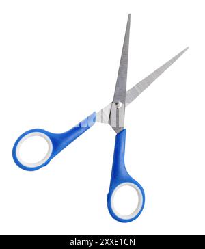 Small multipurpose scissors with blue handle is isolated on white ...