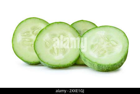 Front view of cucumber slices or pieces in stack is isolated on white ...