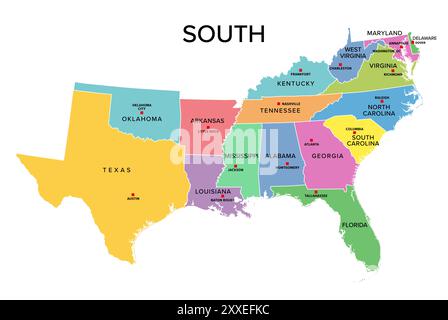 South Atlantic states, multi colored political map. United States ...
