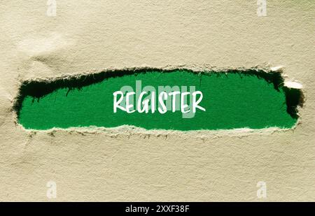 Register message written on ripped torn paper with green background ...