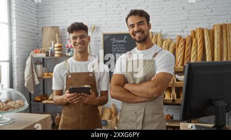 Pair of young bakers in aprons joyfully dancing in bakery Stock Photo ...