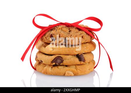Chocolate chip cookies stacked with red and white background Stock ...