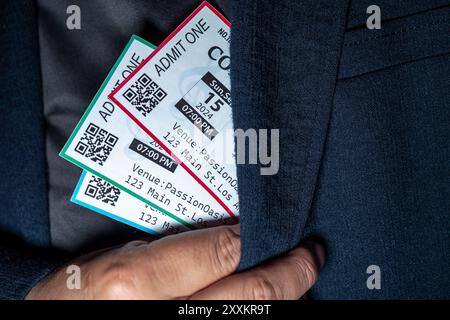 A hand extracts three concert tickets from a pocket, a common tactic ...