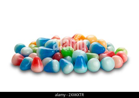 Side view of colorful crispy jelly in transparent plastic container ...