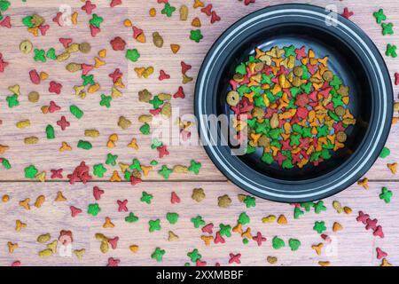 Top view dry cat food on wooden background with copy space Stock Photo ...