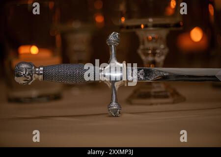 Silver medieva katana sword Handle with rope pattern and ornate designs ...