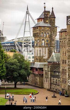 Cardiff Castle with Principality Stadium in background Stock Photo - Alamy