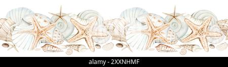 Seamless border of beige sea shells, seaweed, starfish and pebbles ...
