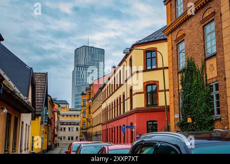 Colorful houses on Gamla Vaster area with view over Malmo Live, Malmo ...