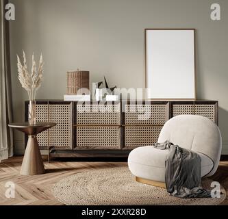 Frame mockup, wooden living room in yellow and beige tones. Parquet and ...