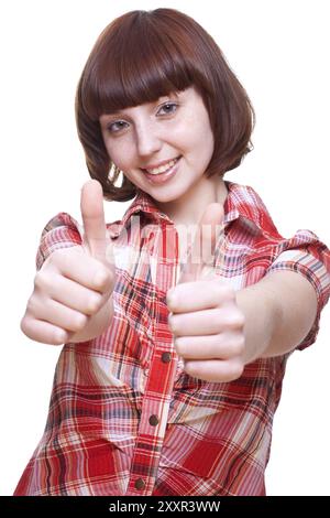 girl giving you thumbs up. Photo isolated on white background Stock ...