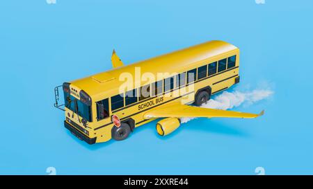 Yellow school bus with airplane wings flying in the sky, symbolizing ...