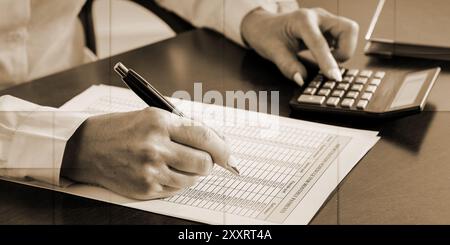 Woman with calculator doing her accounting, geometric pattern Stock ...
