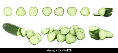 Many sliced cucumbers isolated on white, collage Stock Photo - Alamy