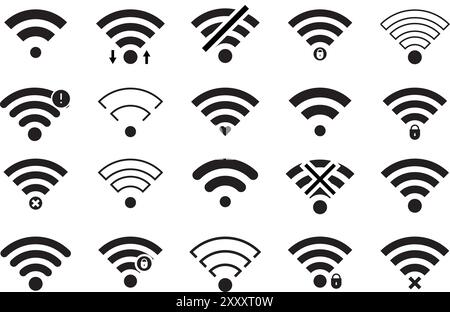 Wi Fi icons set - blocked, data transmission, network error. Wifi signal status icons. Wireless ...