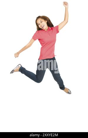 Extremely happy satisfied woman in pink sweater with party cap on head ...