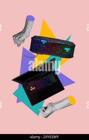 Artwork 3d collage poster of arms hold modern device headphone headset ...