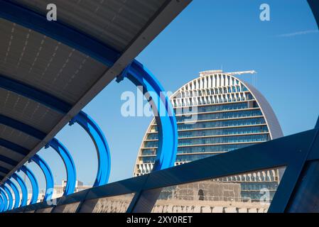 La Vela building from the footbridge over A1 motorway, night view ...