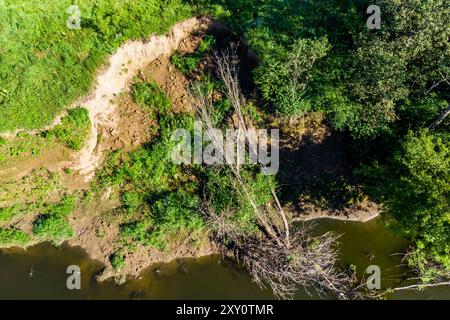 Sliding soil due to erosion on the shore of a reservoir, aerial view of ...
