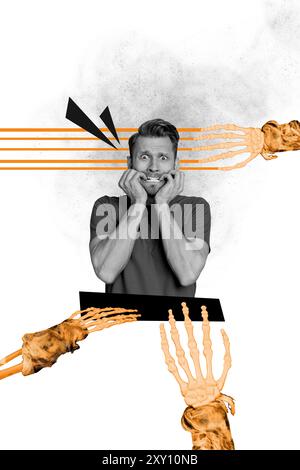 Vertical photo collage of panic scared man hands bullying kidnapping ...