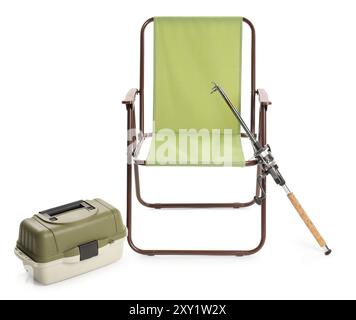 Folding chair, tackle box and fishing spinning isolated on white Stock ...